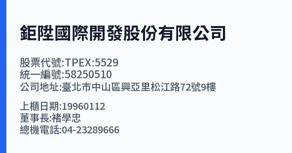 鉅陞國際開發股份有限公司 股票代號 TPEX:5529 統編 58250510 上櫃公司基本資料圖