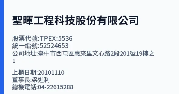 聖暉工程科技股份有限公司 股票代號 TPEX:5536 統編 52524653 上櫃公司基本資料圖