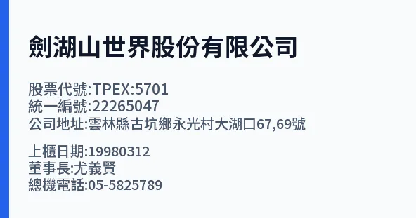 劍湖山世界股份有限公司 股票代號 TPEX:5701 統編 22265047 上櫃公司基本資料圖