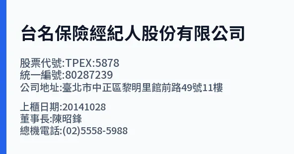 台名保險經紀人股份有限公司 股票代號 TPEX:5878 統編 80287239 上櫃公司基本資料圖