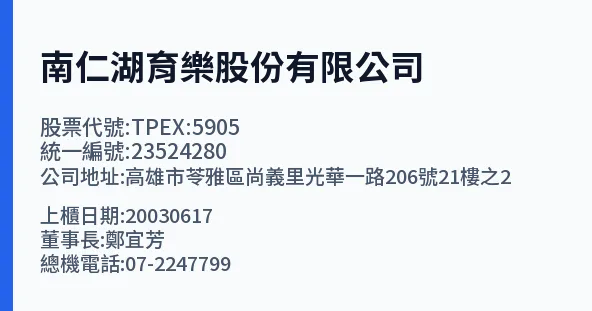 南仁湖育樂股份有限公司 股票代號 TPEX:5905 統編 23524280 上櫃公司基本資料圖