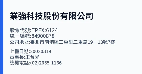 業強科技股份有限公司 股票代號 TPEX:6124 統編 84900878 上櫃公司基本資料圖