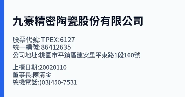 九豪精密陶瓷股份有限公司 股票代號 TPEX:6127 統編 86412635 上櫃公司基本資料圖