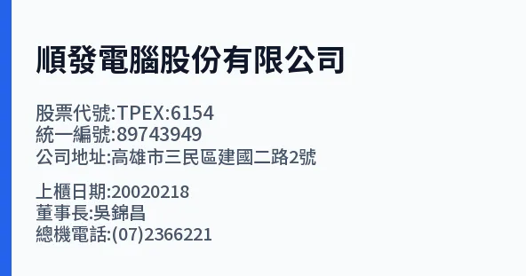 順發電腦股份有限公司 股票代號 TPEX:6154 統編 89743949 上櫃公司基本資料圖