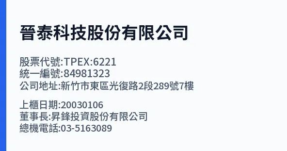 晉泰科技股份有限公司 股票代號 TPEX:6221 統編 84981323 上櫃公司基本資料圖