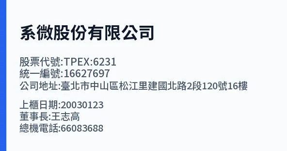系微股份有限公司 股票代號 TPEX:6231 統編 16627697 上櫃公司基本資料圖
