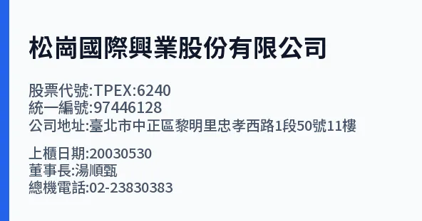 松崗國際興業股份有限公司 股票代號 TPEX:6240 統編 97446128 上櫃公司基本資料圖