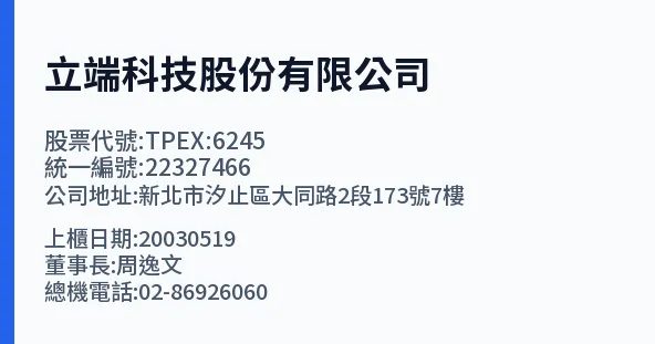 立端科技股份有限公司 股票代號 TPEX:6245 統編 22327466 上櫃公司基本資料圖