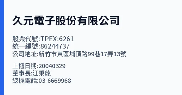 久元電子股份有限公司 股票代號 TPEX:6261 統編 86244737 上櫃公司基本資料圖