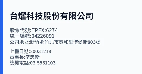 台燿科技股份有限公司 股票代號 TPEX:6274 統編 04226091 上櫃公司基本資料圖