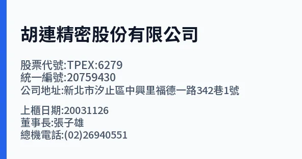 胡連精密股份有限公司 股票代號 TPEX:6279 統編 20759430 上櫃公司基本資料圖
