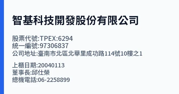 智基科技開發股份有限公司 股票代號 TPEX:6294 統編 97306837 上櫃公司基本資料圖