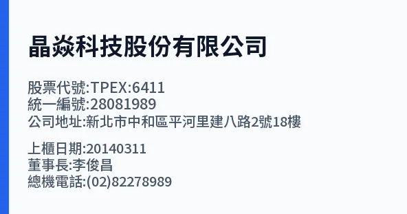 晶焱科技股份有限公司 股票代號 TPEX:6411 統編 28081989 上櫃公司基本資料圖