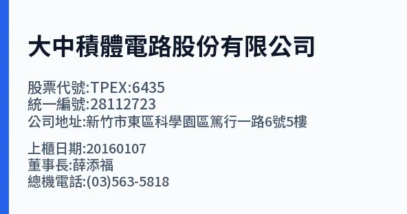大中積體電路股份有限公司 股票代號 TPEX:6435 統編 28112723 上櫃公司基本資料圖