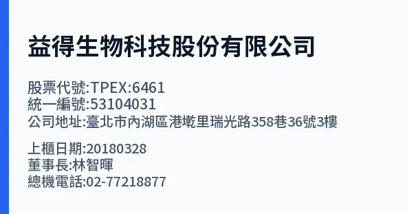 益得生物科技股份有限公司 股票代號 TPEX:6461 統編 53104031 上櫃公司基本資料圖