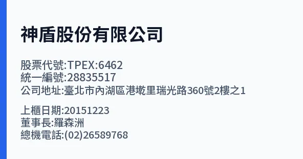 神盾股份有限公司 股票代號 TPEX:6462 統編 28835517 上櫃公司基本資料圖
