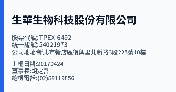 生華生物科技股份有限公司 股票代號 TPEX:6492 統編 54021973 上櫃公司基本資料圖
