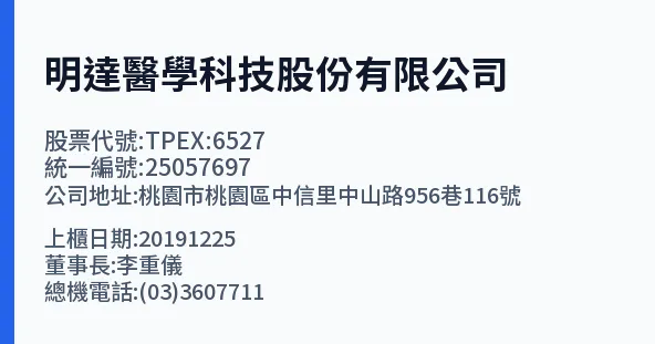 明達醫學科技股份有限公司 股票代號 TPEX:6527 統編 25057697 上櫃公司基本資料圖