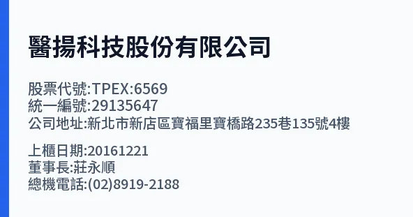 醫揚科技股份有限公司 股票代號 TPEX:6569 統編 29135647 上櫃公司基本資料圖