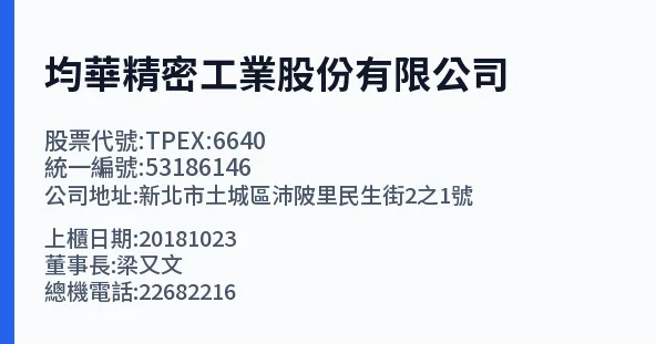 均華精密工業股份有限公司 股票代號 TPEX:6640 統編 53186146 上櫃公司基本資料圖