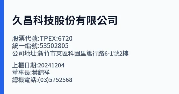 久昌科技股份有限公司 股票代號 TPEX:6720 統編 53502805 上櫃公司基本資料圖