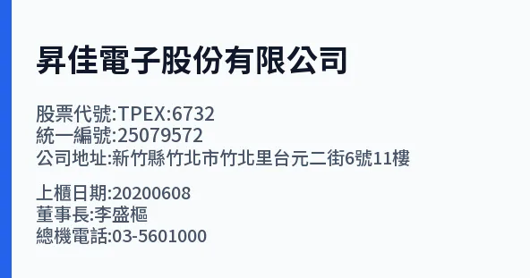 昇佳電子股份有限公司 股票代號 TPEX:6732 統編 25079572 上櫃公司基本資料圖