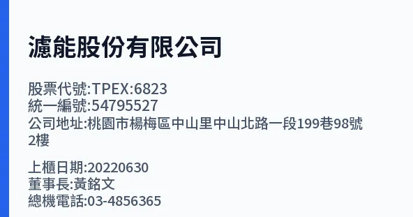濾能股份有限公司 股票代號 TPEX:6823 統編 54795527 上櫃公司基本資料圖