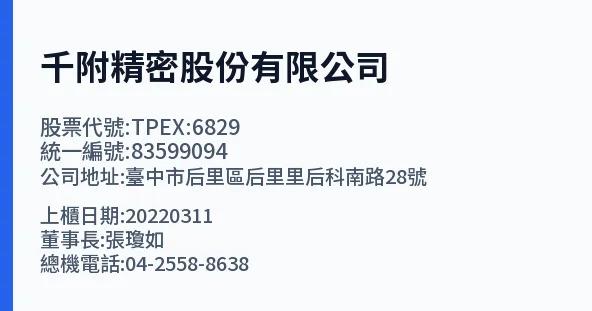 千附精密股份有限公司 股票代號 TPEX:6829 統編 83599094 上櫃公司基本資料圖