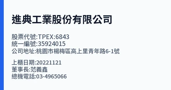 進典工業股份有限公司 股票代號 TPEX:6843 統編 35924015 上櫃公司基本資料圖