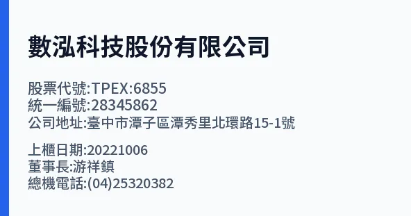 數泓科技股份有限公司 股票代號 TPEX:6855 統編 28345862 上櫃公司基本資料圖