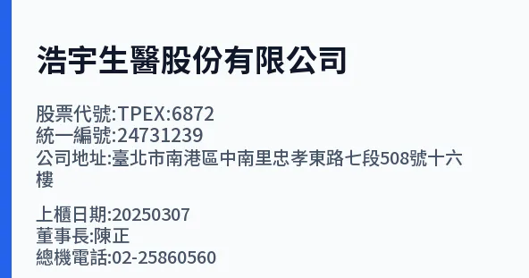 浩宇生醫股份有限公司 股票代號 TPEX:6872 統編 24731239 上櫃公司基本資料圖