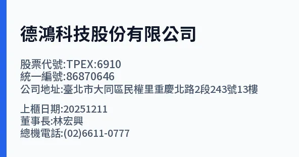 德鴻科技股份有限公司 股票代號 TPEX:6910 統編 86870646 上櫃公司基本資料圖