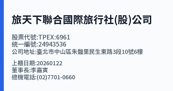 旅天下聯合國際旅行社(股)公司 股票代號 TPEX:6961 統編 24943536 上櫃公司基本資料圖