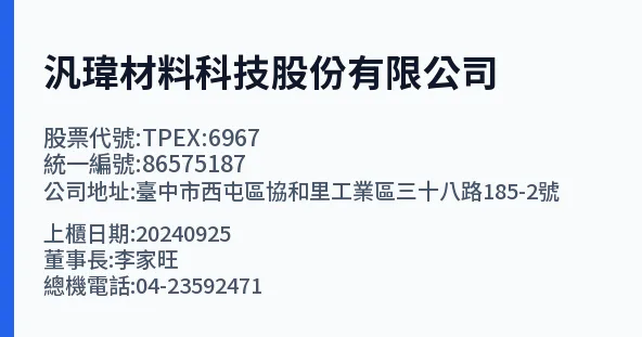 汎瑋材料科技股份有限公司 股票代號 TPEX:6967 統編 86575187 上櫃公司基本資料圖