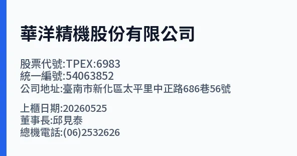 華洋精機股份有限公司 股票代號 TPEX:6983 統編 54063852 上櫃公司基本資料圖