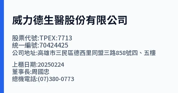 威力德生醫股份有限公司 股票代號 TPEX:7713 統編 70424425 上櫃公司基本資料圖