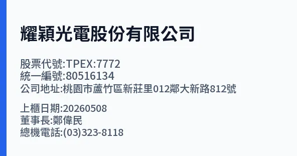耀穎光電股份有限公司 股票代號 TPEX:7772 統編 80516134 上櫃公司基本資料圖