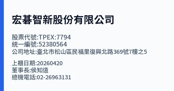宏碁智新股份有限公司 股票代號 TPEX:7794 統編 52380564 上櫃公司基本資料圖