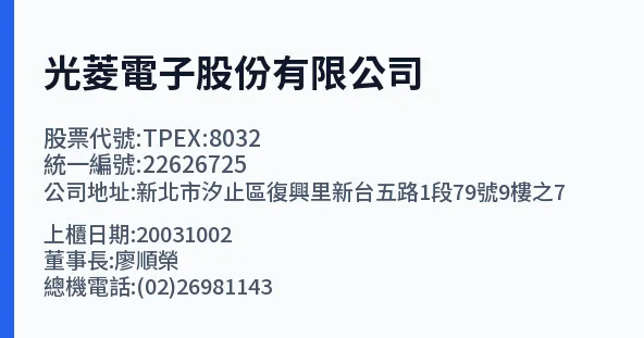 光菱電子股份有限公司 股票代號 TPEX:8032 統編 22626725 上櫃公司基本資料圖