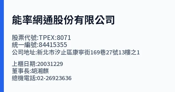 能率網通股份有限公司 股票代號 TPEX:8071 統編 84415355 上櫃公司基本資料圖