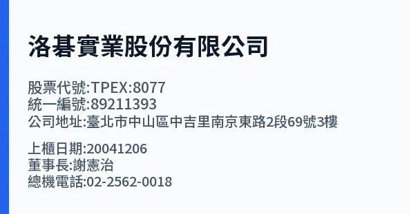 洛碁實業股份有限公司 股票代號 TPEX:8077 統編 89211393 上櫃公司基本資料圖
