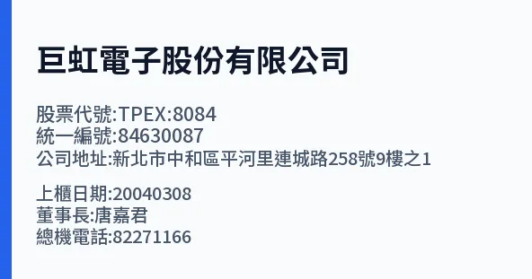 巨虹電子股份有限公司 股票代號 TPEX:8084 統編 84630087 上櫃公司基本資料圖