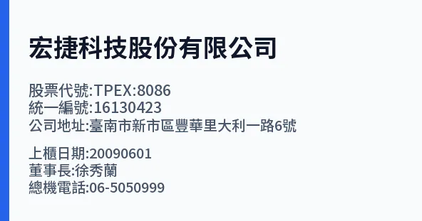 宏捷科技股份有限公司 股票代號 TPEX:8086 統編 16130423 上櫃公司基本資料圖