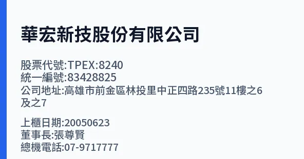 華宏新技股份有限公司 股票代號 TPEX:8240 統編 83428825 上櫃公司基本資料圖