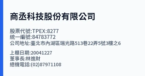 商丞科技股份有限公司 股票代號 TPEX:8277 統編 84783772 上櫃公司基本資料圖
