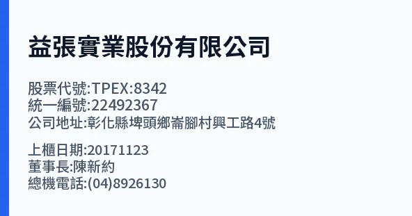 益張實業股份有限公司 股票代號 TPEX:8342 統編 22492367 上櫃公司基本資料圖