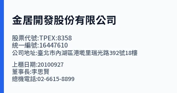金居開發股份有限公司 股票代號 TPEX:8358 統編 16447610 上櫃公司基本資料圖