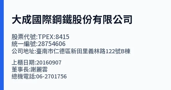 大成國際鋼鐵股份有限公司 股票代號 TPEX:8415 統編 28754606 上櫃公司基本資料圖