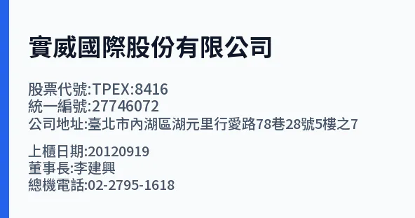 實威國際股份有限公司 股票代號 TPEX:8416 統編 27746072 上櫃公司基本資料圖