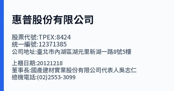 惠普股份有限公司 股票代號 TPEX:8424 統編 12371385 上櫃公司基本資料圖